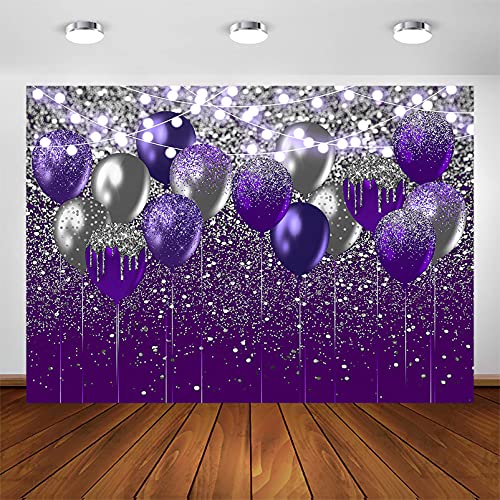 Avezano Purple and Silver Glitter Backdrop for Birthday Wedding Prom Graduation Photography Background Glitter Silver Purple Balloon Party Decorations Photoshoot Photobooth (7x5ft, Purple and Silver)