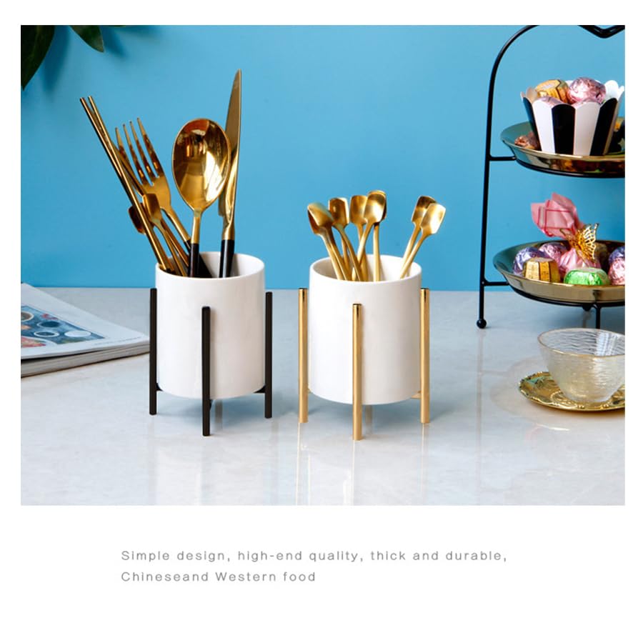 SIEBOLD Gold pencil cup Sturdy metal frame with white ceramic pen holder For desks and kitchen appliance holders(1set 4.6 - 3.14'')