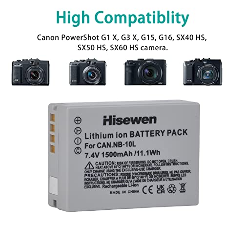 NB-10L NB10L Battery and Dual Charger, Hisewen 2 X 1500mAh Replacement Battery for Canon PowerShot G1 X, G3 X, G15, G16, SX40 HS, SX50 HS, SX60 HS Digital Camera