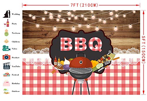 BBQ Backdrop FHZON 7x5ft Brown Wooden Board String Lights Lace Barbecue in The Wild Photo Background for Groovy Party Decorations Studio Props BJYYFH38