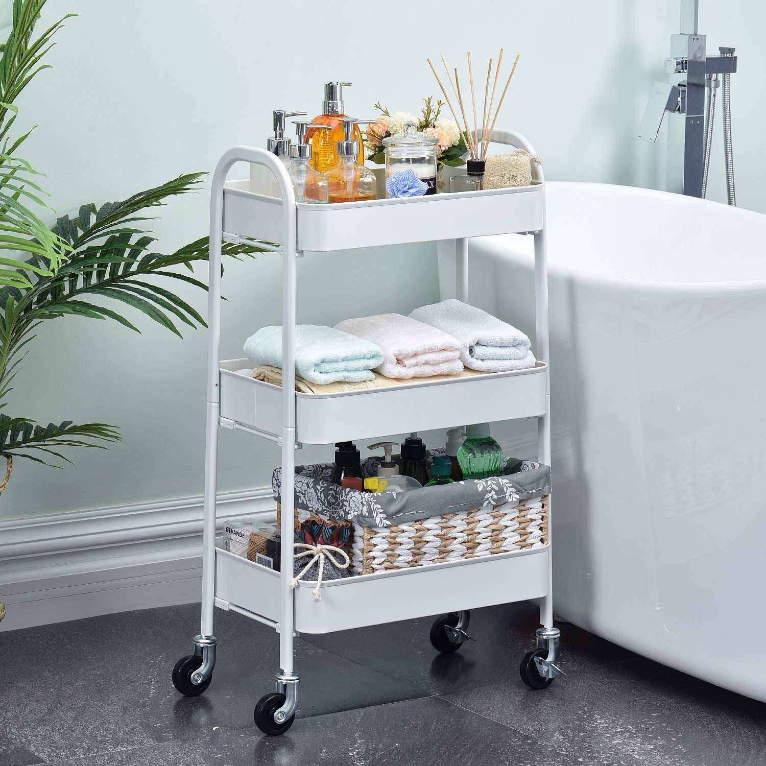 TOOLF 3 Tier Rolling Cart, No Screw Metal Utility Cart, Easy Assemble Utility Serving Cart, Sturdy Storage Trolley with Handles, Locking Wheels, for Classroom Office Home Bedroom Bathroom, White