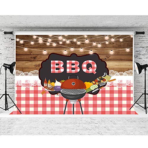 BBQ Backdrop FHZON 7x5ft Brown Wooden Board String Lights Lace Barbecue in The Wild Photo Background for Groovy Party Decorations Studio Props BJYYFH38