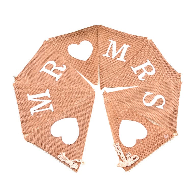 Dartsz MR & MRS Burlap Banner Heart Triangle Flags Pennant for Rustic Wedding Engagement Bridal Shower Party Decorations