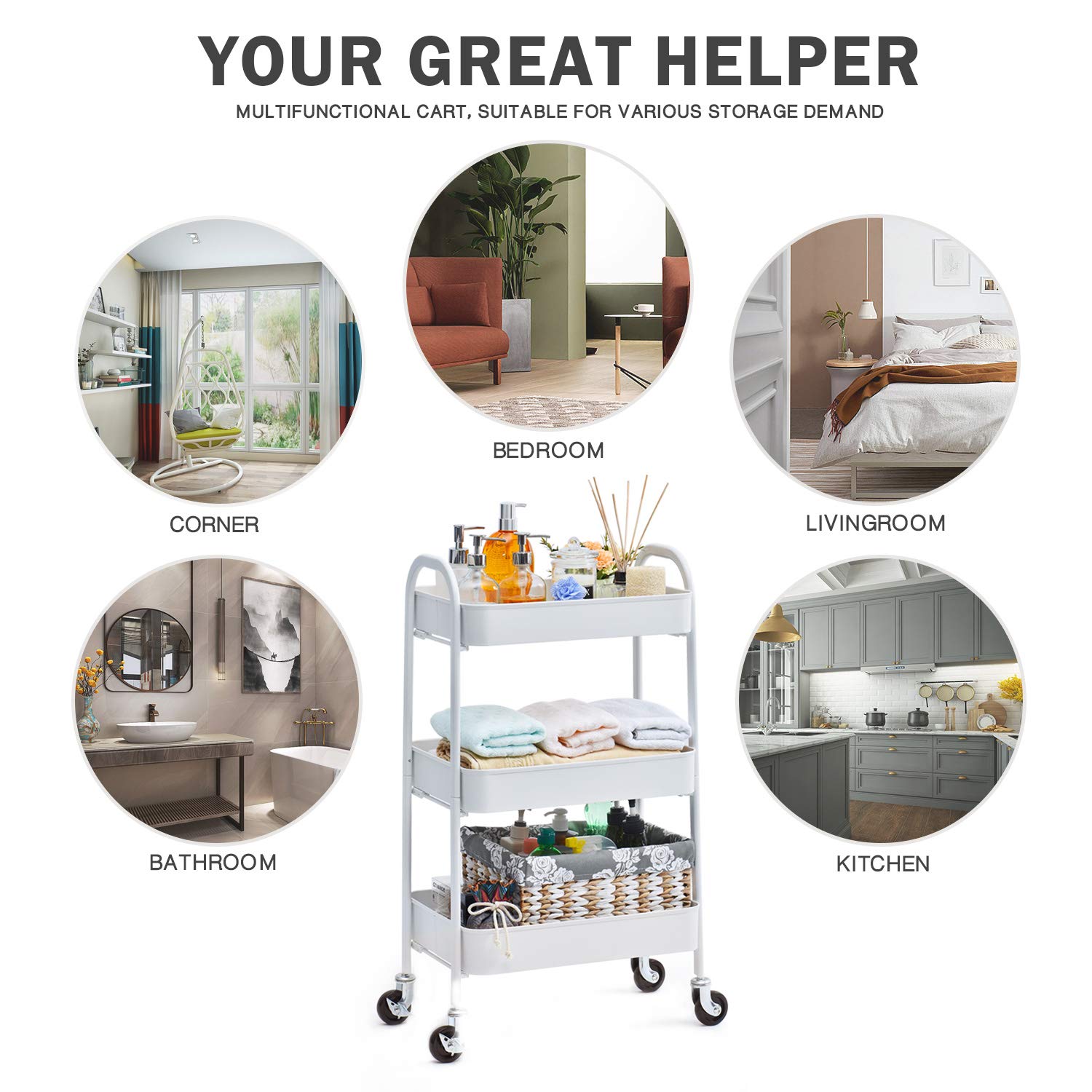 TOOLF 3 Tier Rolling Cart, No Screw Metal Utility Cart, Easy Assemble Utility Serving Cart, Sturdy Storage Trolley with Handles, Locking Wheels, for Classroom Office Home Bedroom Bathroom, White