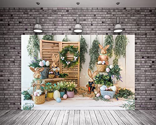 7x5ft Happy Easter Backdrops for Photography Spring Easter Background Hare Rabbits Colorful Eggs Rustic Backdrop for Party Baby Show Photo Booth Prop Backdrop