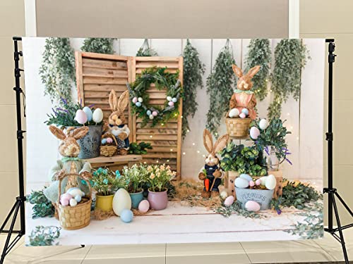 7x5ft Happy Easter Backdrops for Photography Spring Easter Background Hare Rabbits Colorful Eggs Rustic Backdrop for Party Baby Show Photo Booth Prop Backdrop