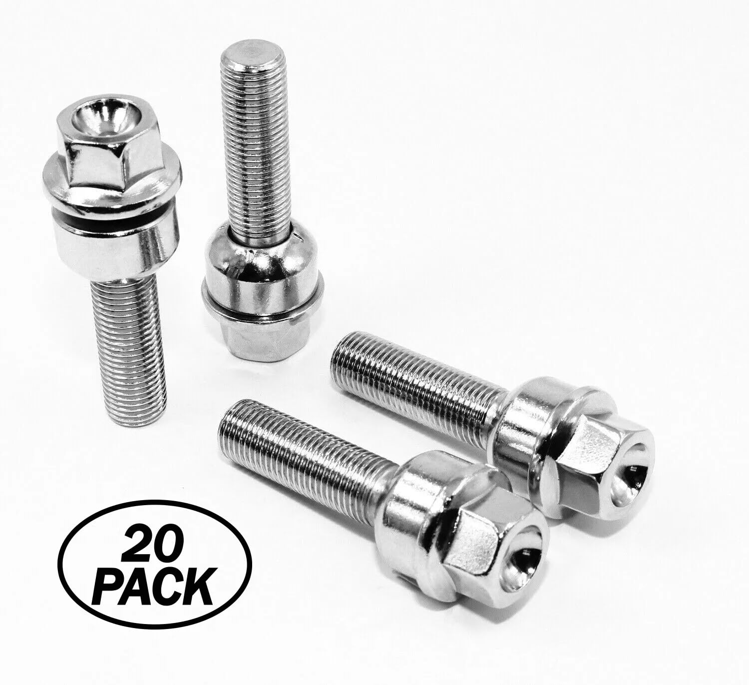 Set of 20 Veritek 14x1.5mm 45mm Extended Thread R14 Radius Chrome Ball Seat Washer Lug Bolts for Porsche Factory Wheels
