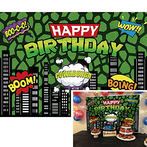 BINQOO 7×5ft Cartoon Birthday Backdrop Green American Comics Cityscape Buildings Photography Background Tortoise Boy Newborn Baby Shower Kids Decoration Birthday Party Photo Booth Prop