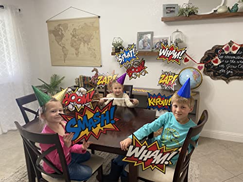 Bigtime Signs XL Superhero Backdrop with 6 Comic Action Word Photo Booth Props - Compliments Any Superhero Party Decorations - 4 x 6 ft - Cityscape Superhero Birthday Decorations Hangs on Wall Easily