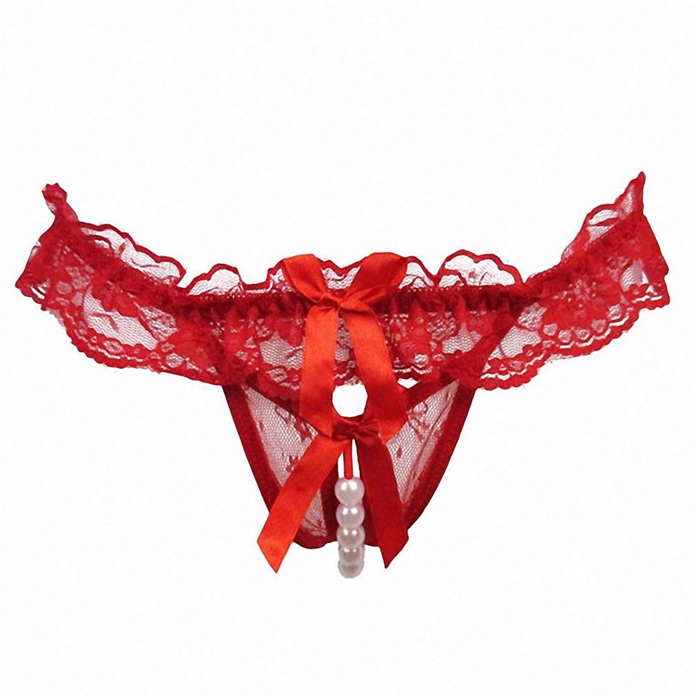Women Pearl Lace Bowknot Beads Lace Panties Erotic Thong Lingerie Underwear