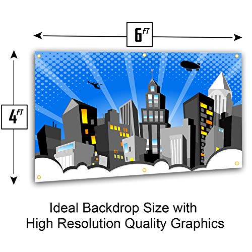 Bigtime Signs XL Superhero Backdrop with 6 Comic Action Word Photo Booth Props - Compliments Any Superhero Party Decorations - 4 x 6 ft - Cityscape Superhero Birthday Decorations Hangs on Wall Easily
