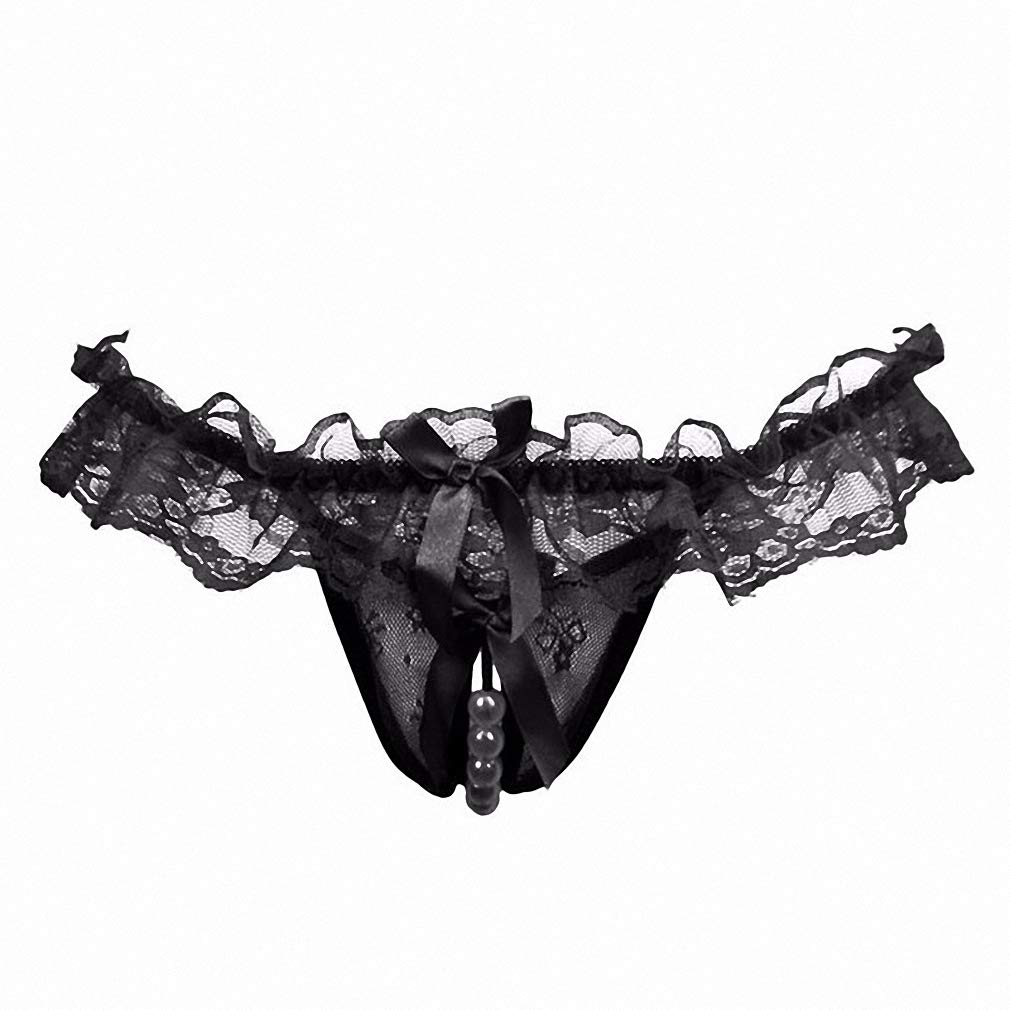 Women Pearl Lace Bowknot Beads Lace Panties Erotic Thong Lingerie Underwear
