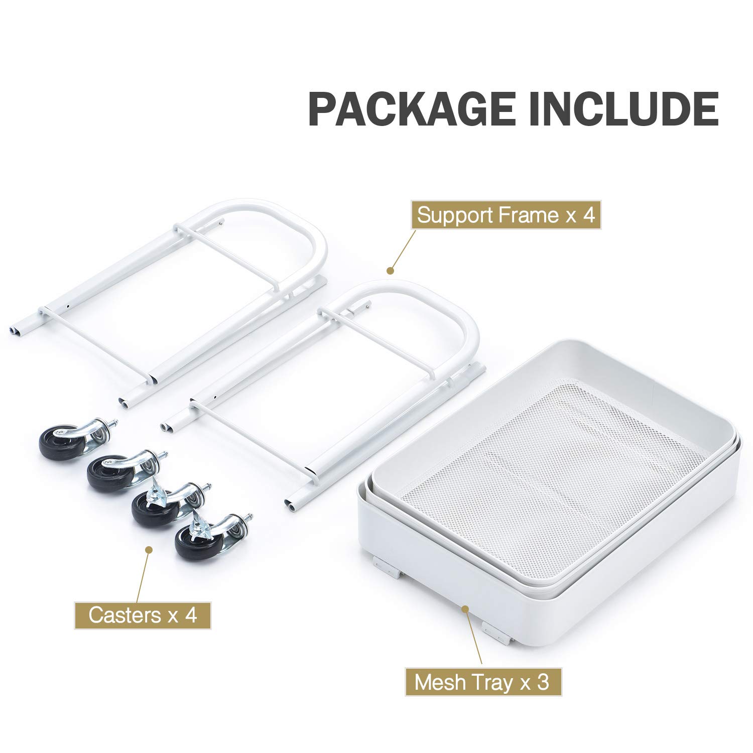 TOOLF 3 Tier Rolling Cart, No Screw Metal Utility Cart, Easy Assemble Utility Serving Cart, Sturdy Storage Trolley with Handles, Locking Wheels, for Classroom Office Home Bedroom Bathroom, White