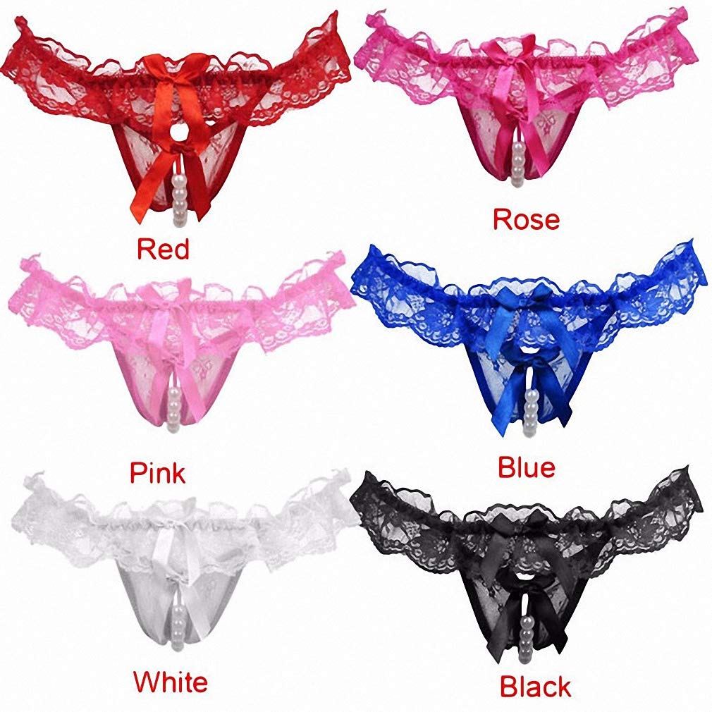 Women Pearl Lace Bowknot Beads Lace Panties Erotic Thong Lingerie Underwear