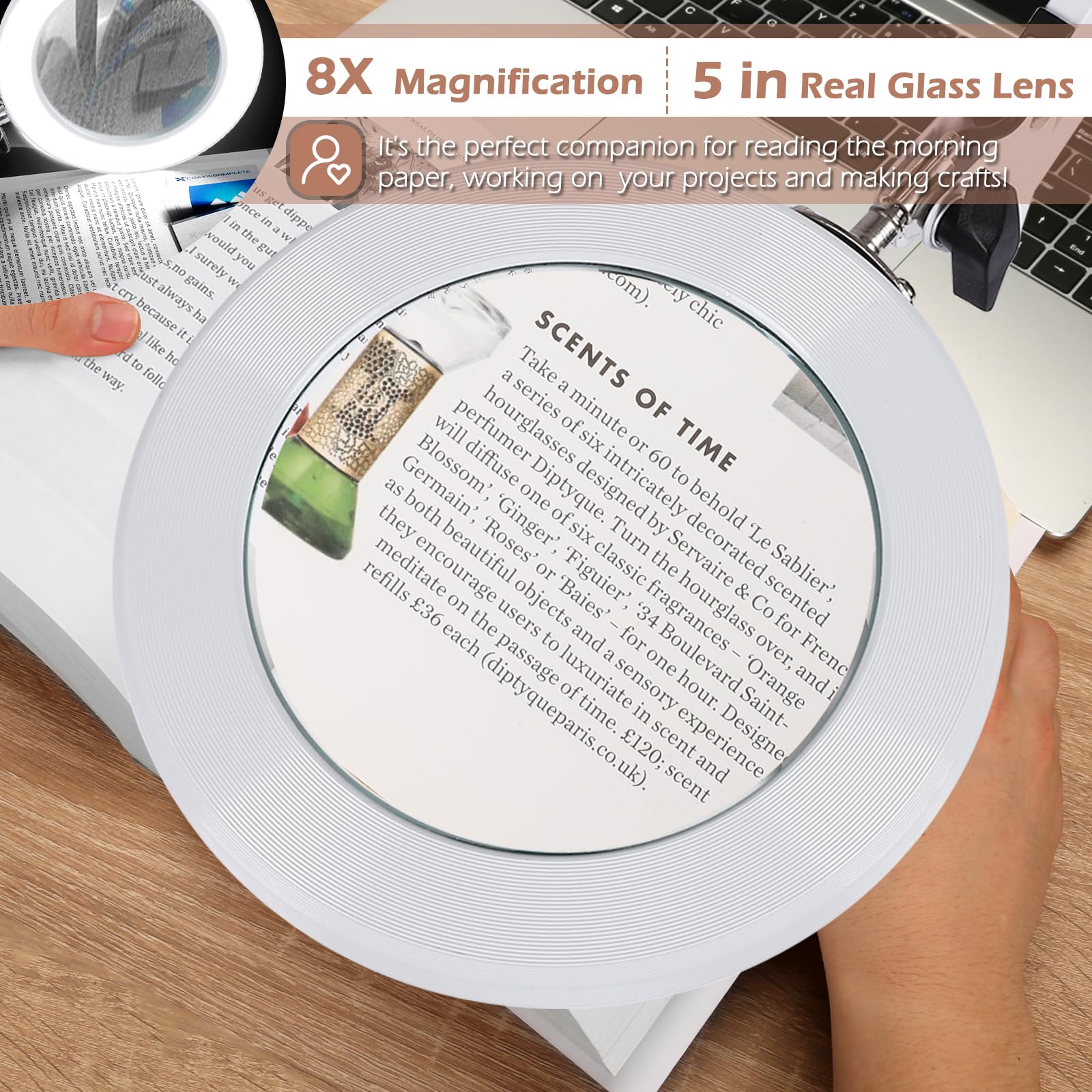 5 Inch Magnifying Glass with Light and Stand, TOMSOO 10X Real Glass Lighted Magnifier, Stepless Dimmable 3 Color Modes Adjustable LED Magnifying Desk lamp for Close Work Reading Repair Crafts - White