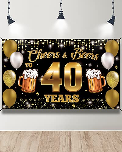 HTDZZI Cheers to 40 Years Backdrop Banner, Happy 40th Birthday Decoration for Men Women, 40th Wedding Anniversary, Black Gold 40 Year Old Birthday Party Sign Poster, Class Reunion Decor, 6.1ft x 3.6ft