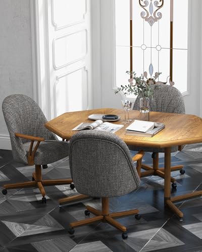 Chromcraft Caster Swivel Tilt Dining Chairs, Luxe Casual Wooden Arm All-Metal Pedestal Base Chairs with Rolling Wheels for Kitchen(Fonzo Marble-Medium Oak)