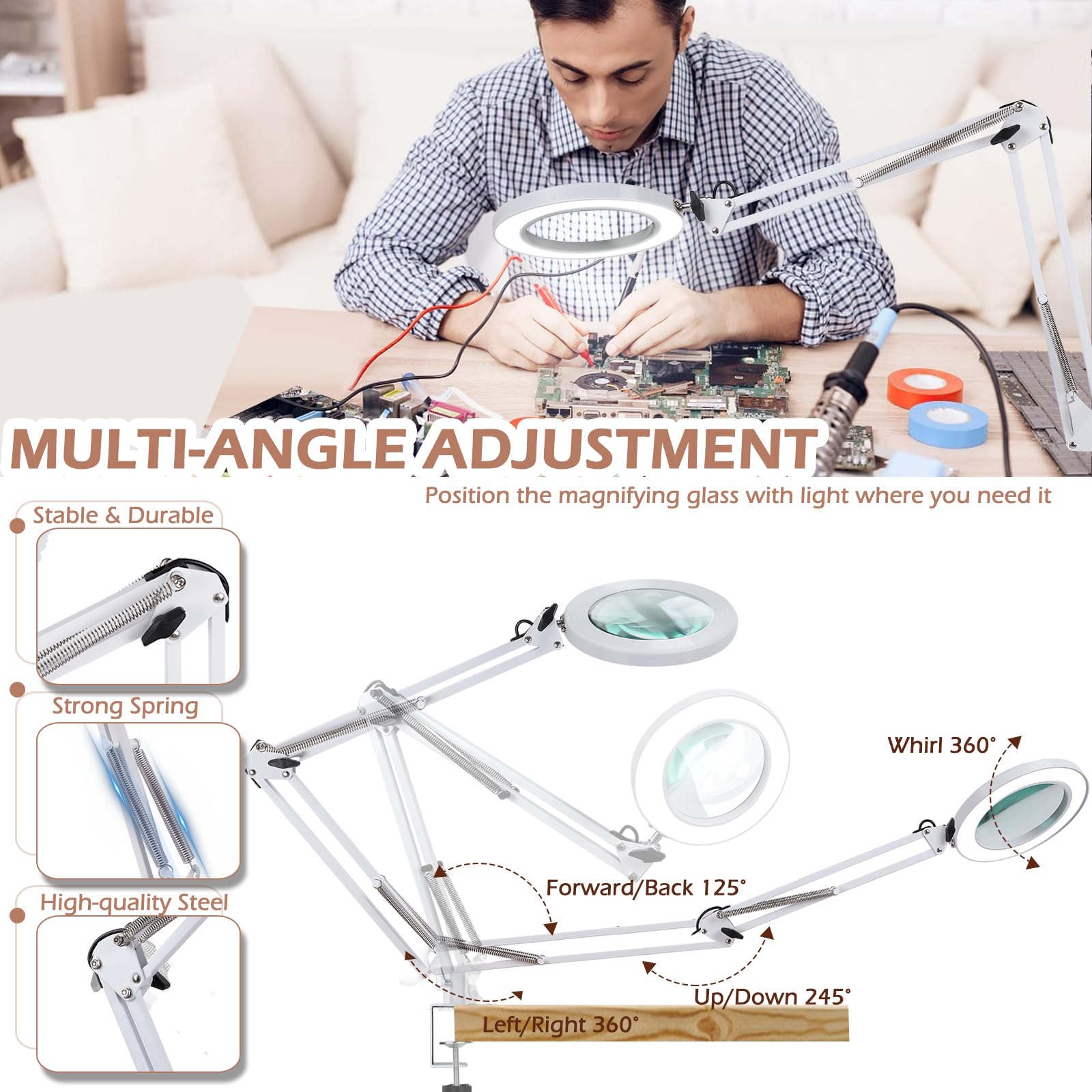 5 Inch Magnifying Glass with Light and Stand, TOMSOO 10X Real Glass Lighted Magnifier, Stepless Dimmable 3 Color Modes Adjustable LED Magnifying Desk lamp for Close Work Reading Repair Crafts - White