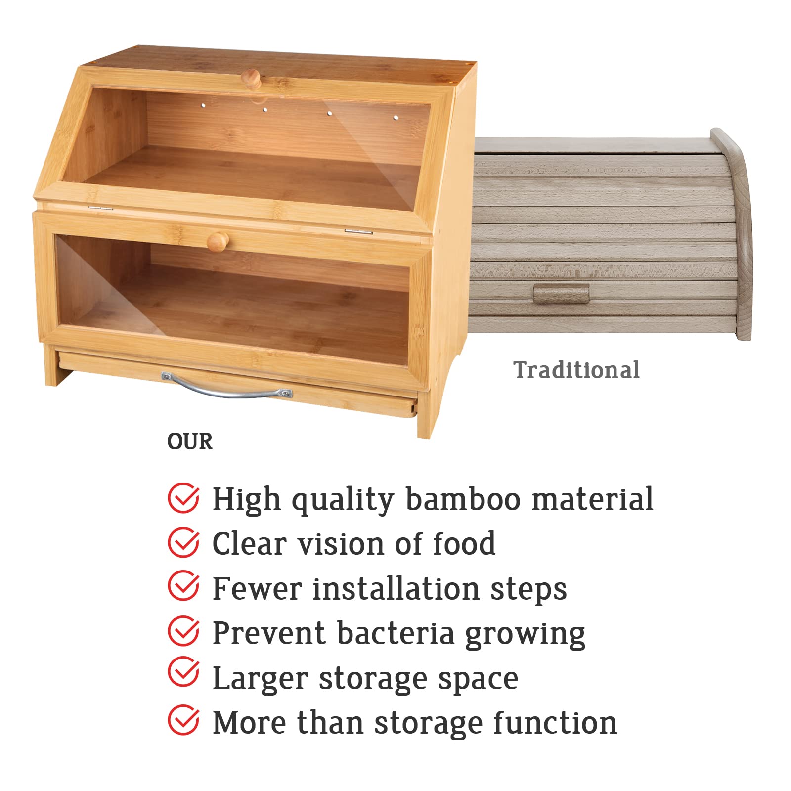MAISONPEX Double Layer Large Bamboo Bread Box for Kitchen Countertop, Cutting Board, and Stainless Steel Bread Knife, Large Capacity Bread Storage Container with Clear Windows (Self-Assembly)