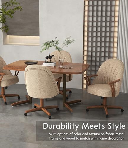 Chromcraft Caster Swivel Tilt Dining Chairs, Luxe Casual Wooden Arm All-Metal Pedestal Base Chairs with Rolling Wheels for Kitchen(Fonzo Marble-Medium Oak)