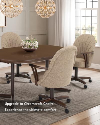 Chromcraft Caster Swivel Tilt Dining Chairs, Luxe Casual Wooden Arm All-Metal Pedestal Base Chairs with Rolling Wheels for Kitchen(Fonzo Marble-Medium Oak)