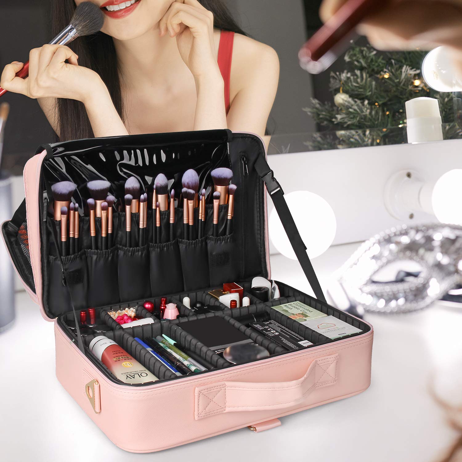 MONSTINA Cosmetic Bags 3 Layer Cosmetic Organizer Makeup Case Beauty Artist Storage Brush Box with Shoulder Strap (Large, PU Leather pink)