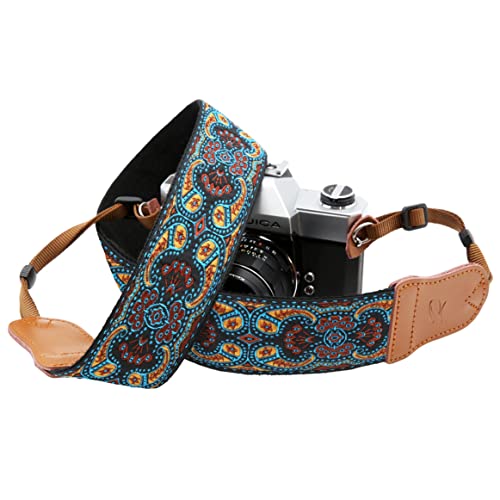 Mystic Blue Camera Strap - Double Layer Cowhide Ends,2" Pure Cotton Embroidered Woven Camera Strap,Universal Neck & Shoulder Strap Adjustable for All DSLR / SLR Cameras,Gift for Photographers