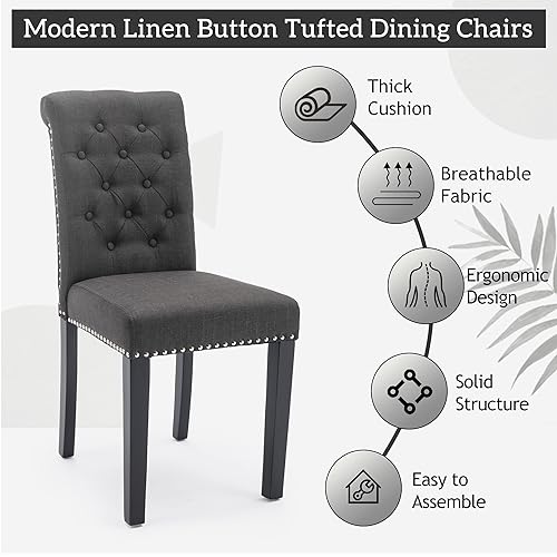 ABET Modern Dining Chairs Set of 2, Button Tufted Parsons Dining Chairs, Upholstered Fabric with Nailheads and Solid Wood Legs, Stylish Kitchen Chairs with Padded Seat, Dark Grey