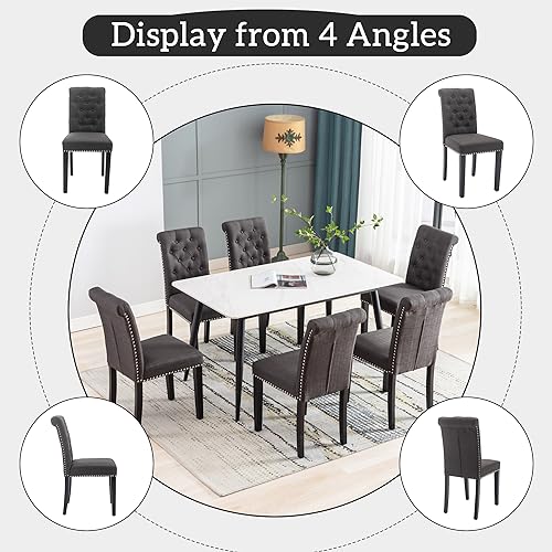 ABET Modern Dining Chairs Set of 2, Button Tufted Parsons Dining Chairs, Upholstered Fabric with Nailheads and Solid Wood Legs, Stylish Kitchen Chairs with Padded Seat, Dark Grey