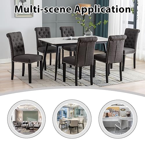 ABET Modern Dining Chairs Set of 2, Button Tufted Parsons Dining Chairs, Upholstered Fabric with Nailheads and Solid Wood Legs, Stylish Kitchen Chairs with Padded Seat, Dark Grey