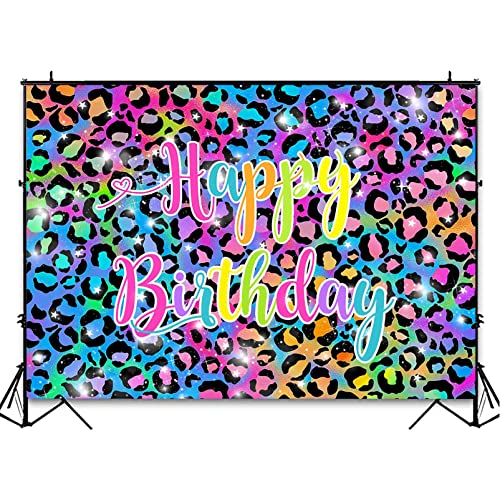 Avezano Neon Rainbow Leopard Birthday Backdrop for Girl's Sparkly Paint Splatter Cheetah Party Decorations Photography Background Rainbow Leopard Print Pattern Party Photoshoot Backdrops (7x5ft)
