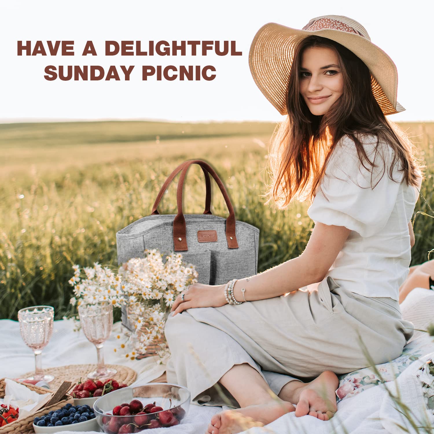 Lunch Bags for Women Insulated Thermal Lunch Tote Bag Durable Large Lunch Box Container Drinks Holder for Adults Men Work College Picnic Beach Park, Grey