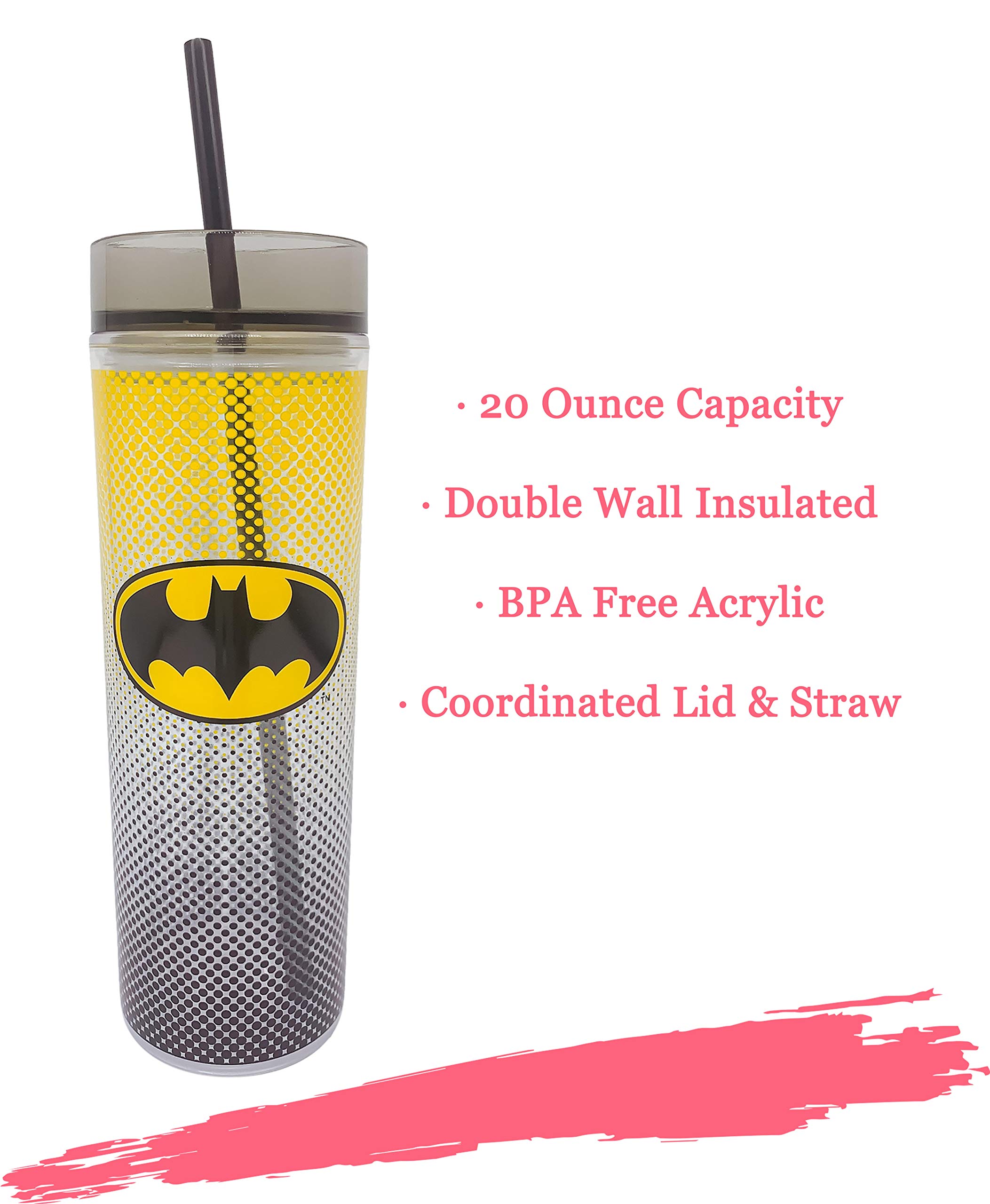 Spoontiques - Tall Cup with Straw - Acrylic Drinkware with Coordinated Lid and Straw - Batman, multicolor, 10.5" h (22101)
