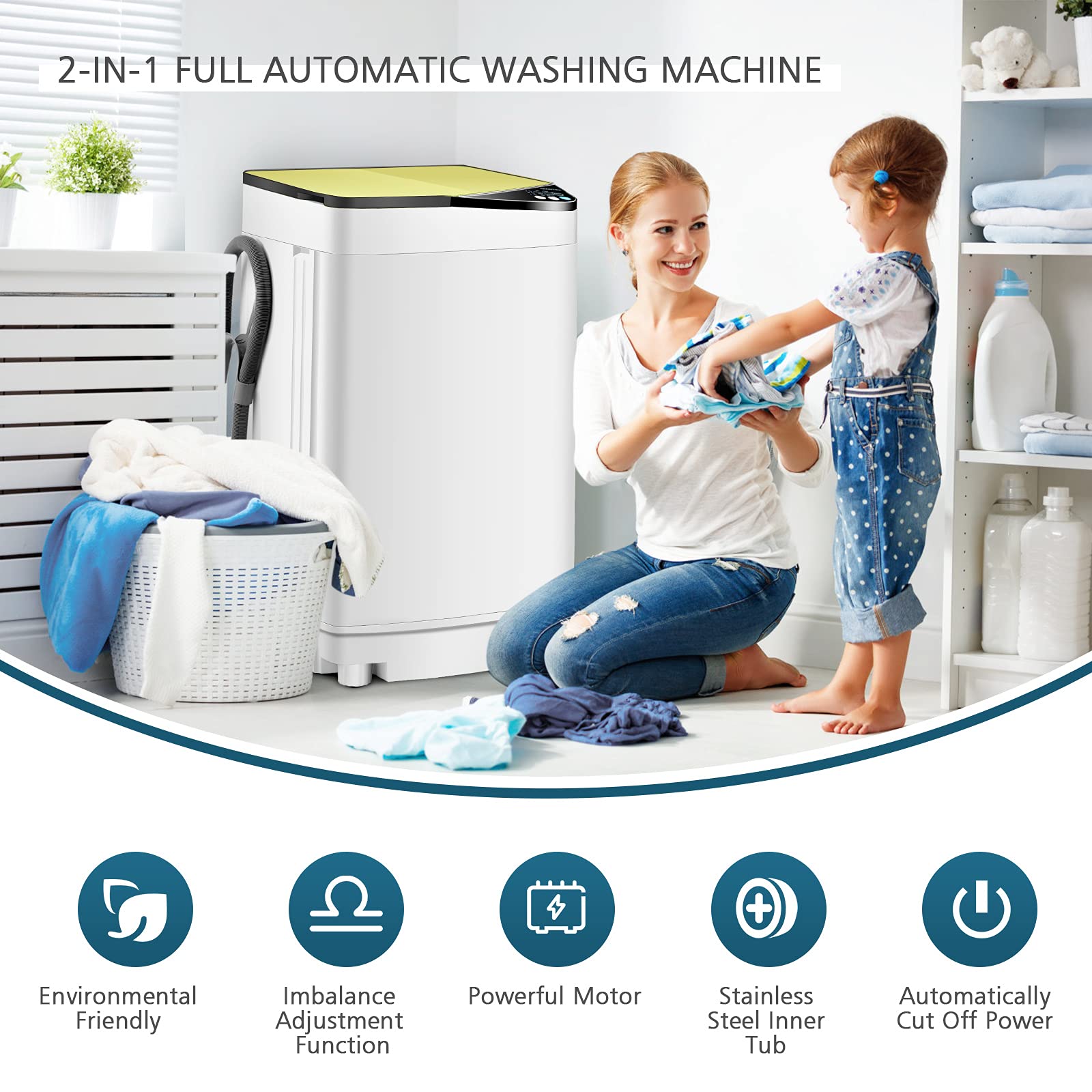 Portable Washing Machine, ARLIME Compact Mini Full-Automatic Laundry 2-In -1 Washer & Spin Dryer 7.7lbs Capacity W/Drainage Pump & Long Hose For Condo, Apartments, Dorms, RV’s Camping Living (Yellow)
