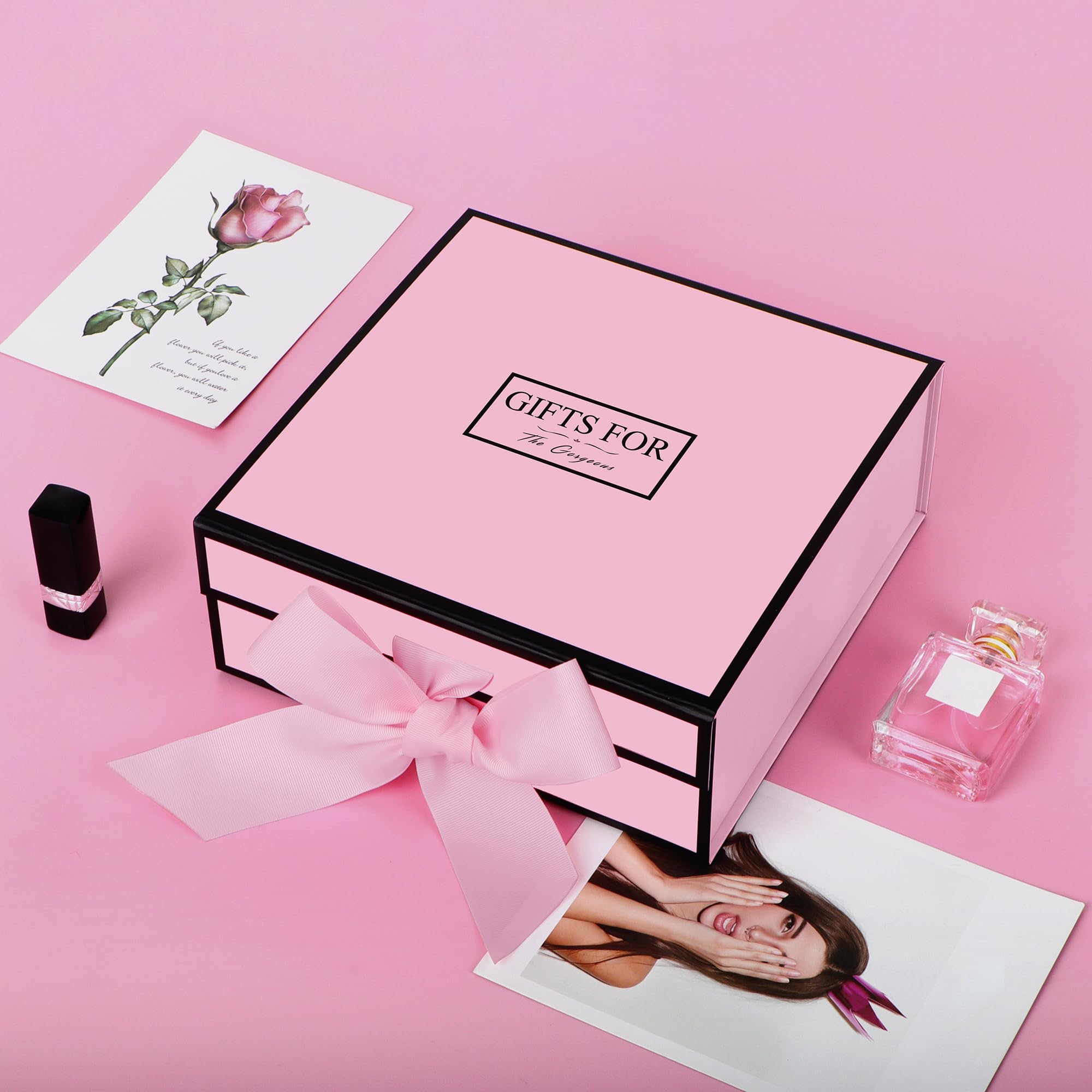 JiaWei Gift Box 9.4x9.4x3.7 Inches, Luxury Gift Boxes with Lid and Ribbon, Magnetic Hard Cardboard Gift Box, Collapsible Bridesmaid Proposal Box, Decorative Box for Presents, Wedding, Birthday(Pink)