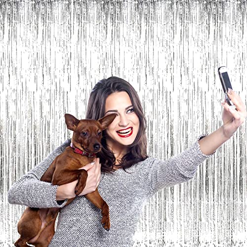 8 Pack Silver Tinsel Foil Fringe Curtain Backdrop, 3.28Ft x 8.2Ft Metallic Streamers for Photo Booth Birthday Wedding Bridal Shower Bachelorette New Year Party Thanksgiving Christmas Decorations