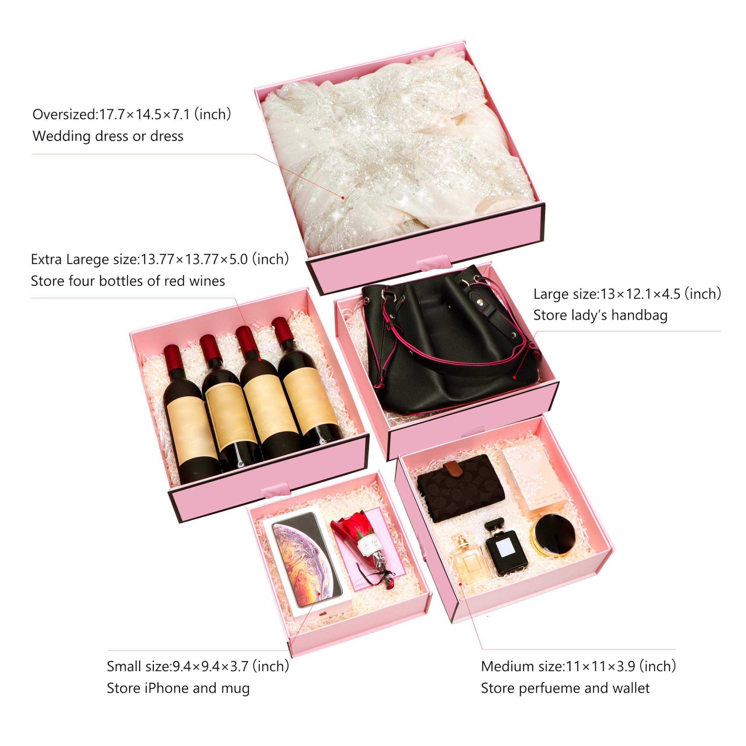 JiaWei Gift Box 9.4x9.4x3.7 Inches, Luxury Gift Boxes with Lid and Ribbon, Magnetic Hard Cardboard Gift Box, Collapsible Bridesmaid Proposal Box, Decorative Box for Presents, Wedding, Birthday(Pink)