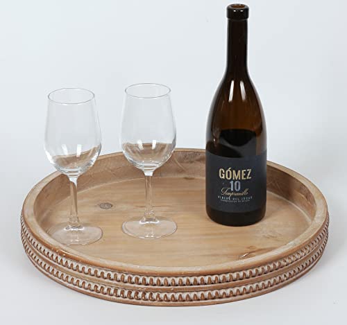 Carah & Cossh Round Wooden Serving Tray, Whitewashed Round Decorative Wood Tray , Round Farmhouse Rustic Decorative Tray, Perfect for Storage and Display (Brown)