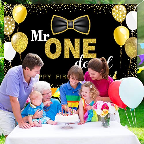 Mr. Onederful Birthday Party Decorations for Boys Happy 1st Birthday Banner Backdrop Large First Birthday Cake Table Decor Mr One Party Favor Supplies (Black and Gold)