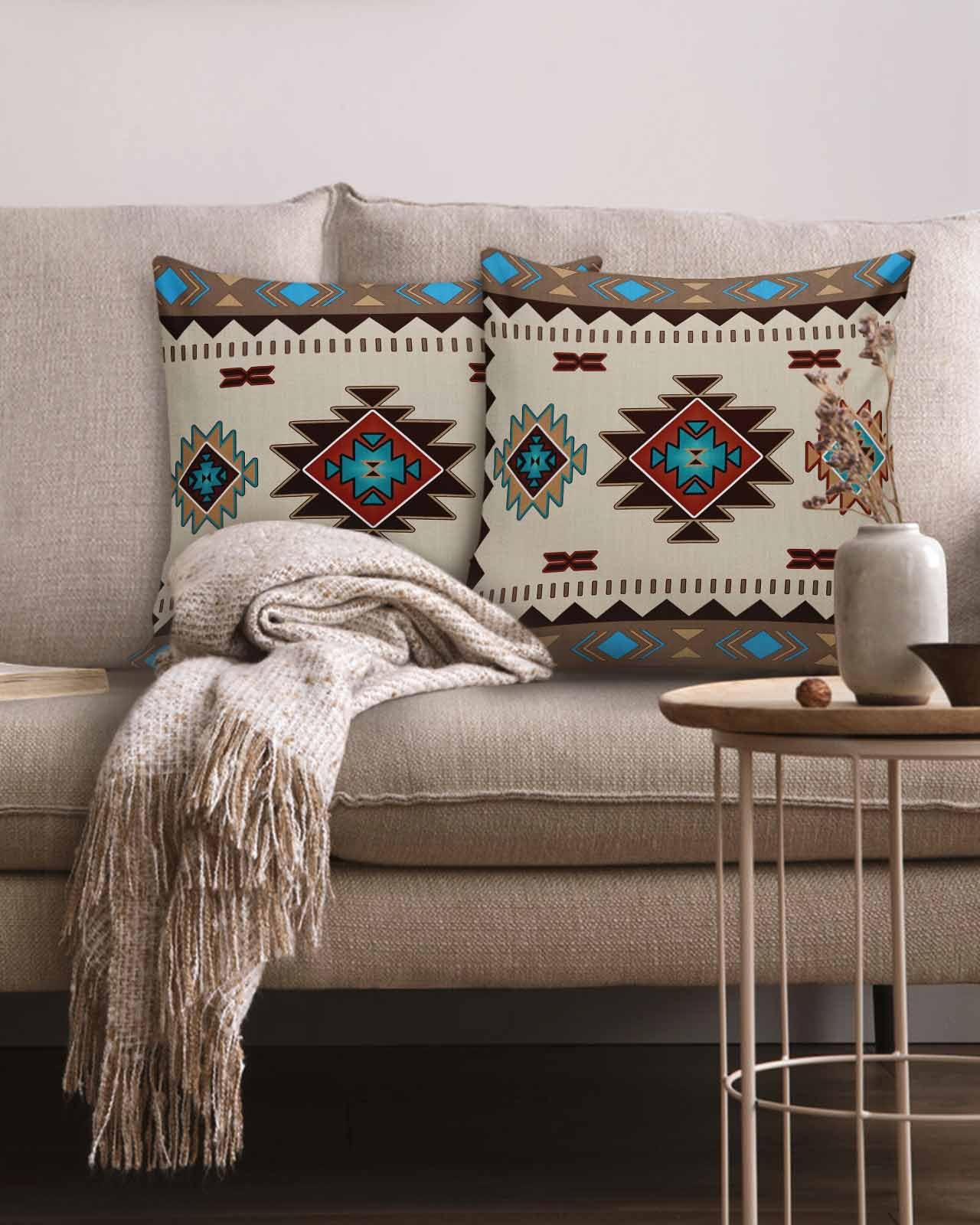 2 Packs Decorative Cotton Throw Pillow Covers, Native Americans in The US Totem Indian Style Geometric 20 x 20 Inch Square Reversible Soft Cushion Case for Couch Bedroom Sofa Living Room Chair Car