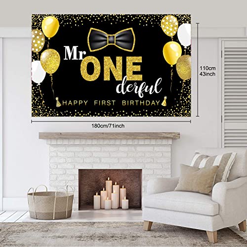Mr. Onederful Birthday Party Decorations for Boys Happy 1st Birthday Banner Backdrop Large First Birthday Cake Table Decor Mr One Party Favor Supplies (Black and Gold)