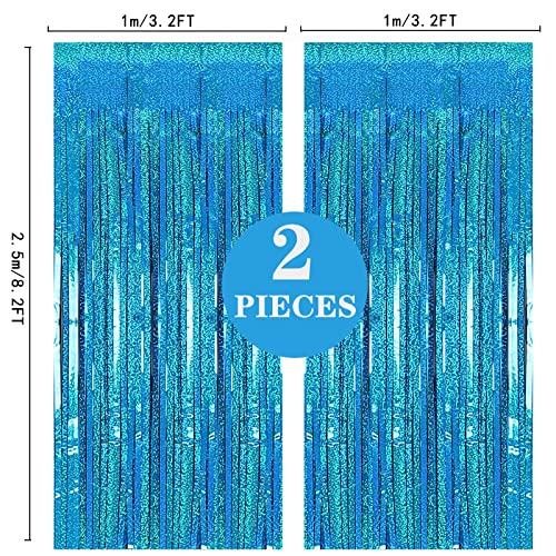 2 Pack 3.2ft x 8.2ft Blue Foil Fringe Curtains Photo Backdrop Party Decorations, Metallic Tinsel Foil Fringe Streamer Curtains for Party Door Wall Curtains Bachelorette Christmas New Year Decorations