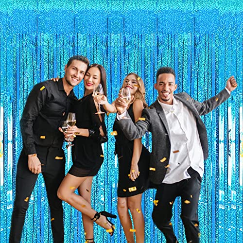 2 Pack 3.2ft x 8.2ft Blue Foil Fringe Curtains Photo Backdrop Party Decorations, Metallic Tinsel Foil Fringe Streamer Curtains for Party Door Wall Curtains Bachelorette Christmas New Year Decorations