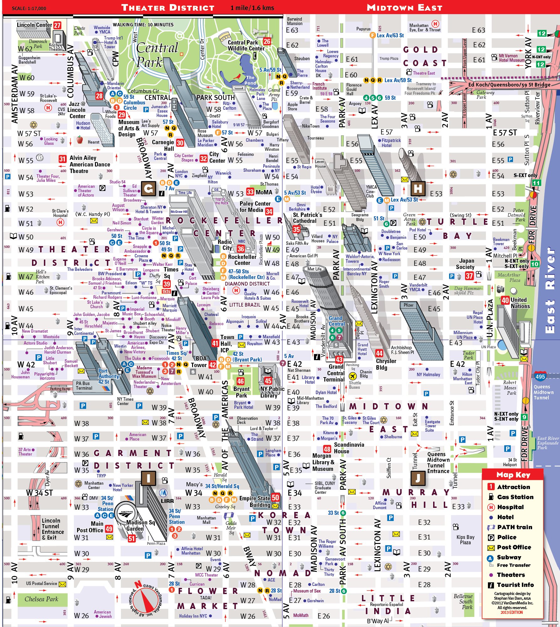 StreetSmart® NYC Map Midtown Edition by Van Dam-Laminated pocket city street map of Manhattan w/ all attractions, museums, sights, hotels, Broadway Theaters & NYC Subway map; 2023 Edition