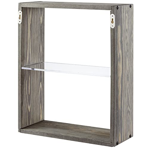 MyGift Wall Mounted Vintage Gray Solid Wood Shelf Rack with Clear Acrylic Shelving, Tabletop Memorabilia and Collectible Storage Shelf