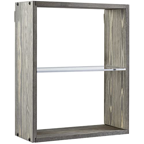 MyGift Wall Mounted Vintage Gray Solid Wood Shelf Rack with Clear Acrylic Shelving, Tabletop Memorabilia and Collectible Storage Shelf