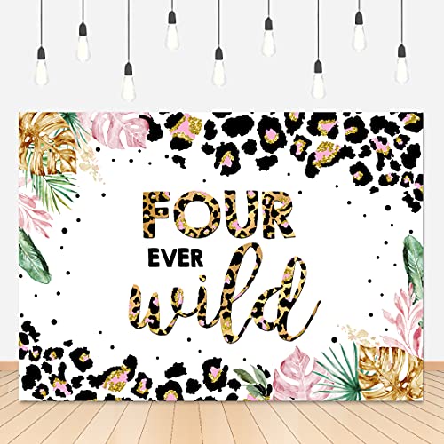 Lofaris Four Ever Wild Birthday Backdrop 4th Birthday Safari Jungle Leaves Photography Background Child Kids Birthday Party Decorations Girl Cake Table Banner Photo Booth Props 7x5ft