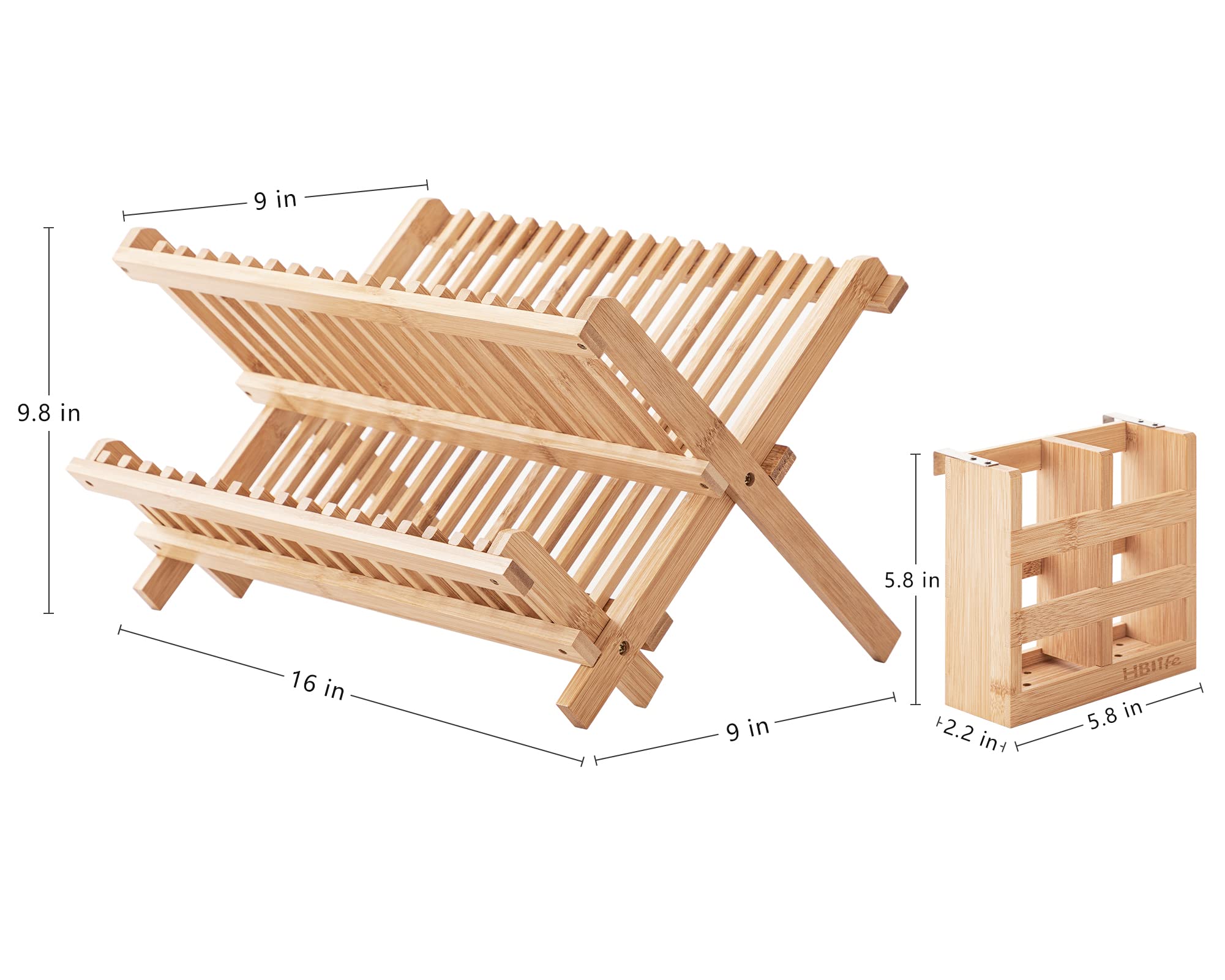 HBlife Dish Rack,Bamboo Folding 2-Tier Collapsible Drainer Dish Drying Rack with Utensils Flatware Holder Set (Dish Rack with Utensil Holder)