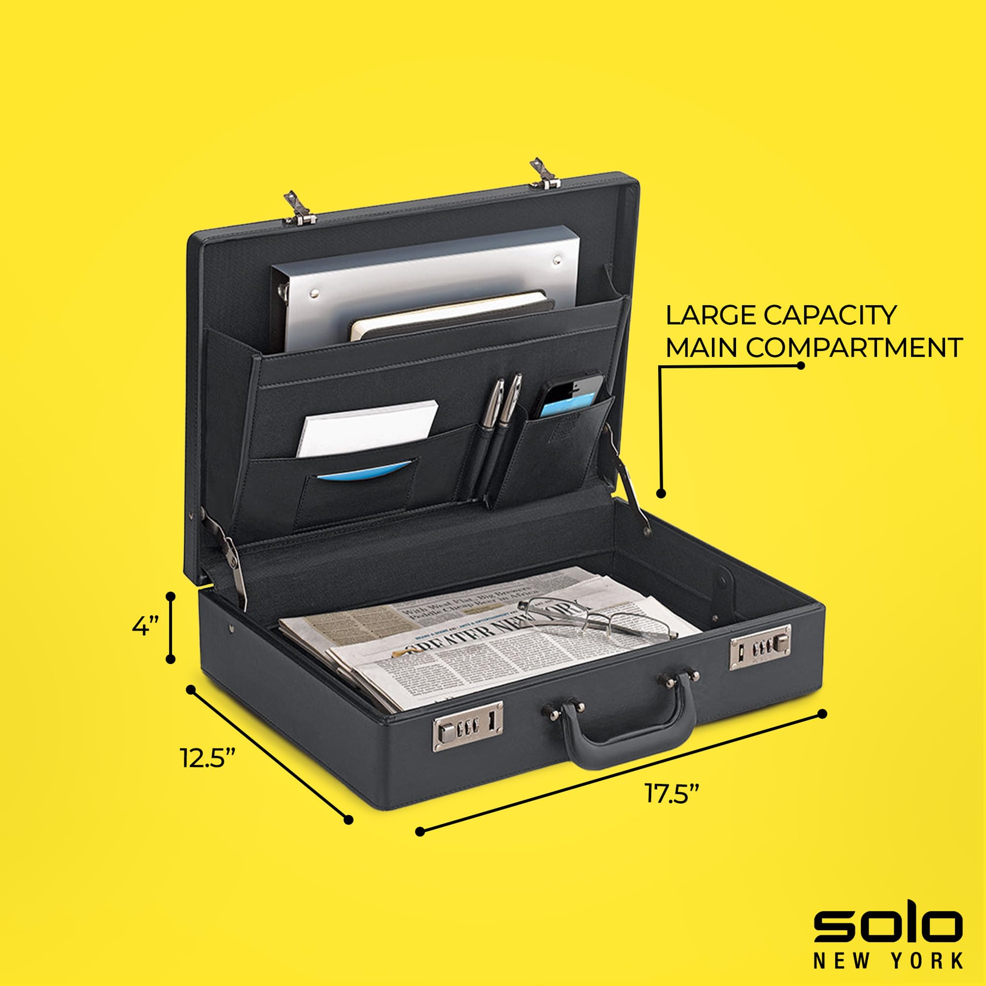 Solo Grand Central Attaché Briefcase with Combination Locks, Black
