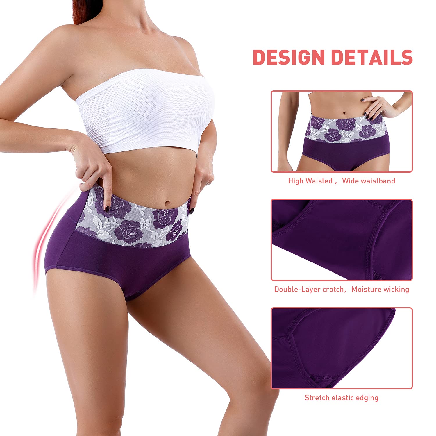 Honzadar Womens High Waist Underwear,Tummy Control briefs,Postpartum Panties,Full Coverage(5Pack-XXL)
